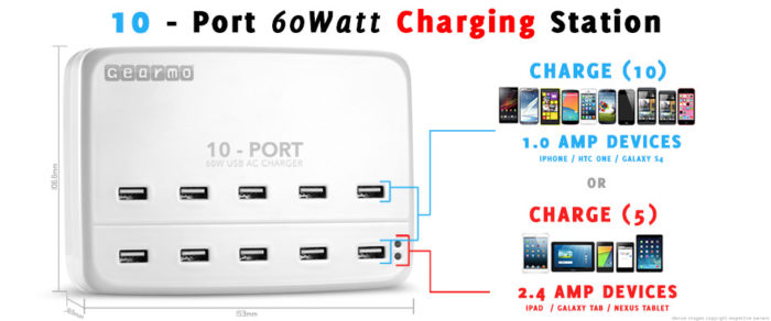 10 Port USB Charger Station 60Watt for Tablets/Smartphones